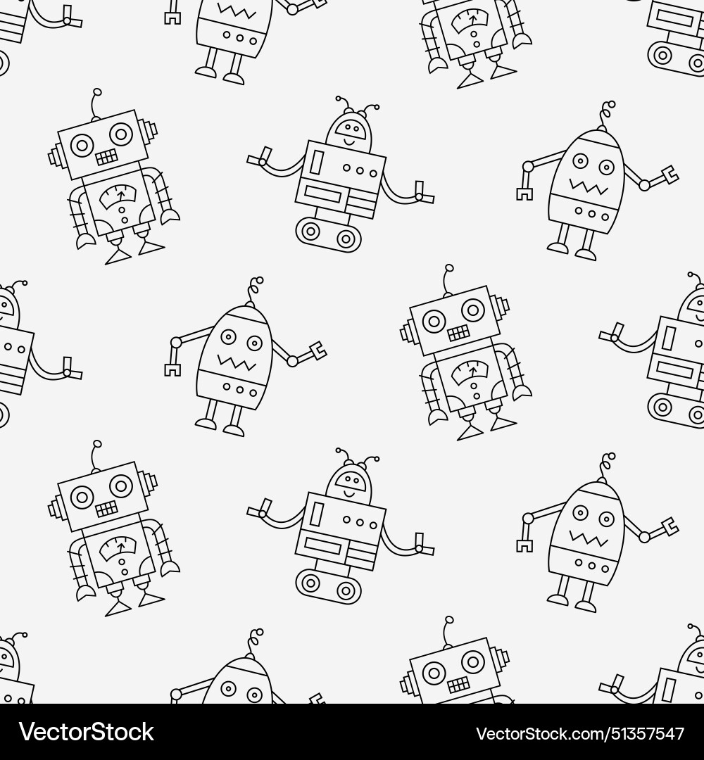 Cute fun robots seamless pattern doodle background