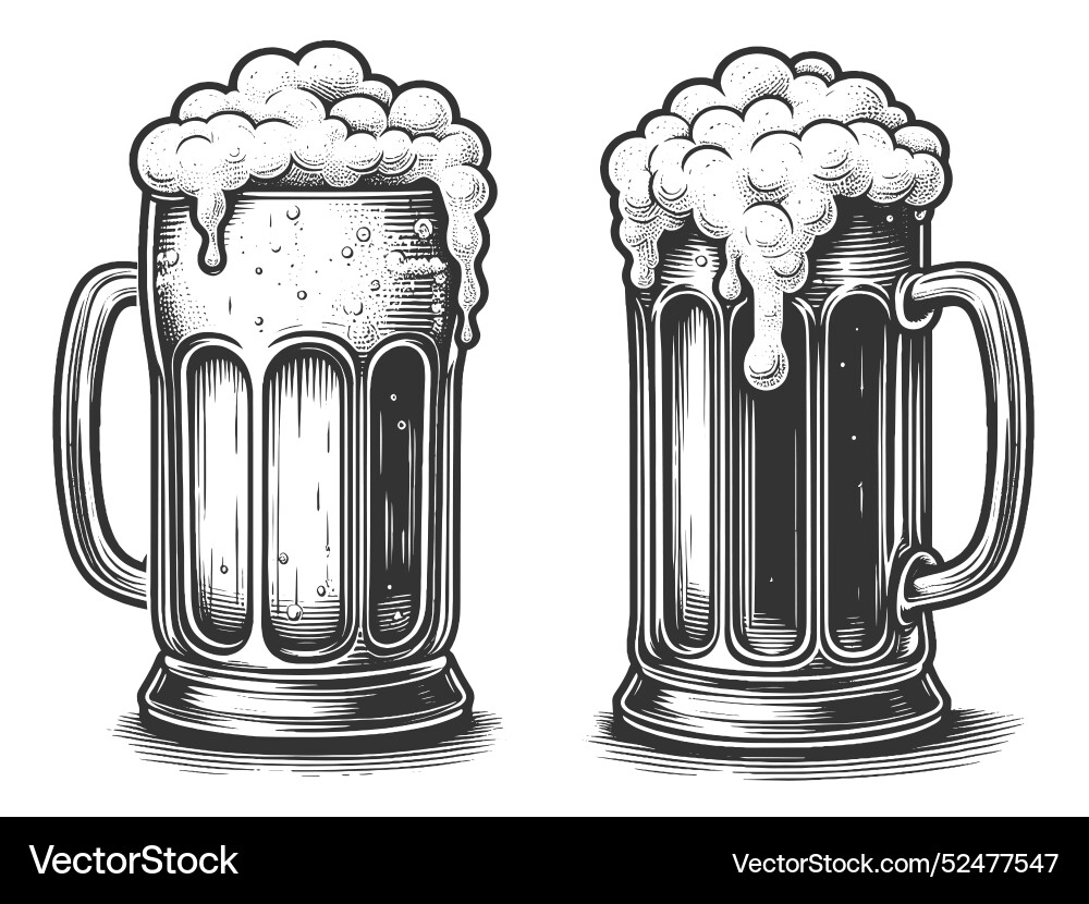 Frothy beer mugs engraving Royalty Free Vector Image