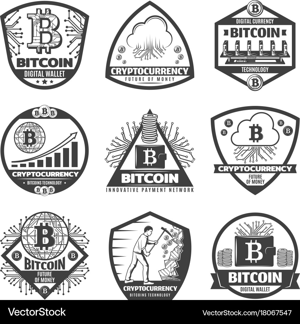 Vintage monochrome crypto currency labels set Vector Image