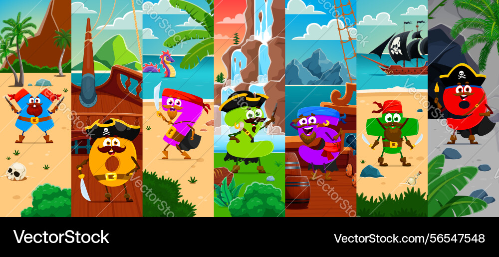 Cartoon math number pirate characters collage Vector Image