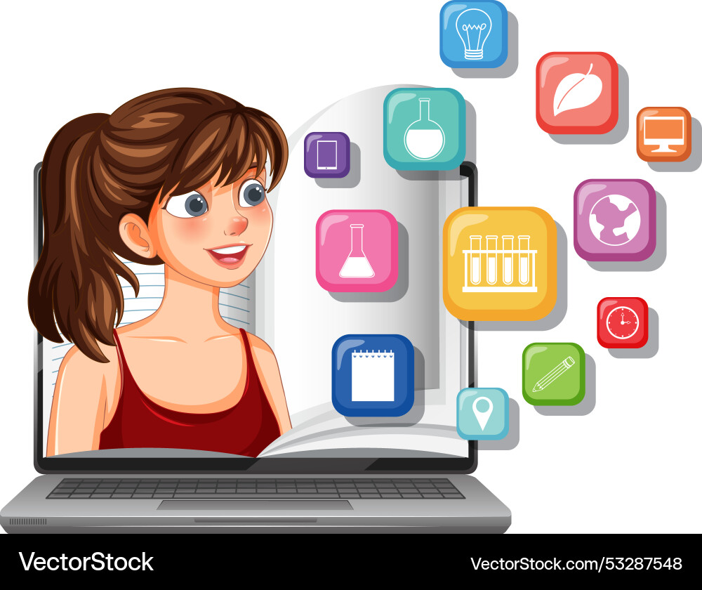 Girl learning online with educational icons Vector Image