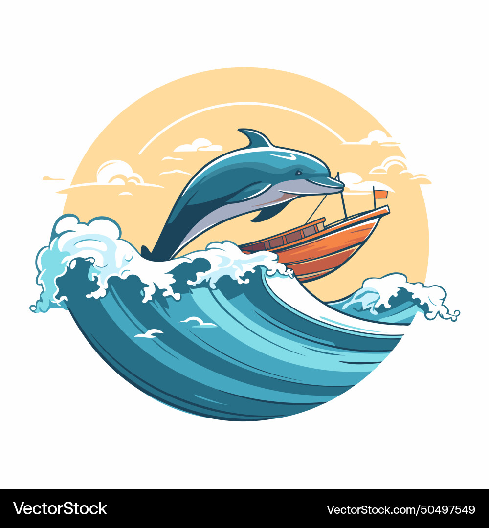 A dolphin jumping in the sea with boat Royalty Free Vector