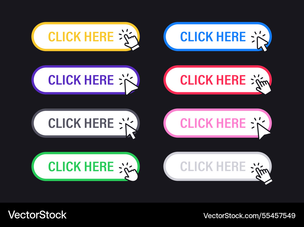 Click here button with cursor set Royalty Free Vector Image