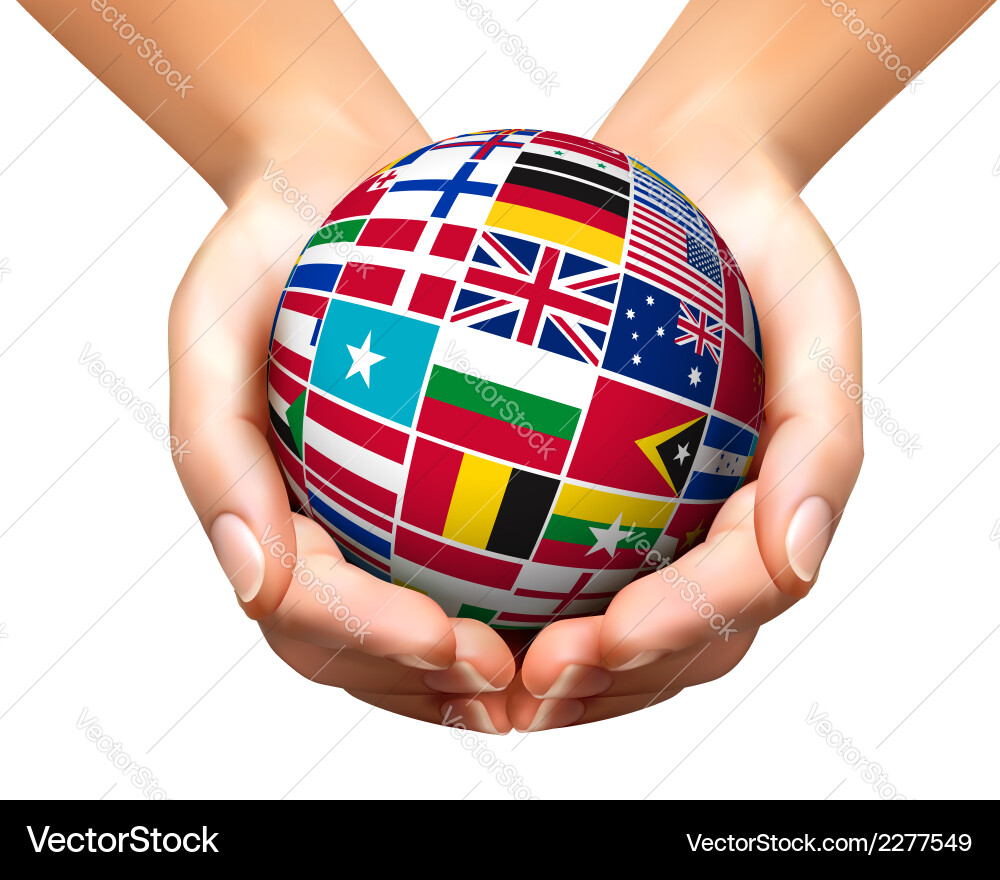 Flags of the world in globe and hands Royalty Free Vector