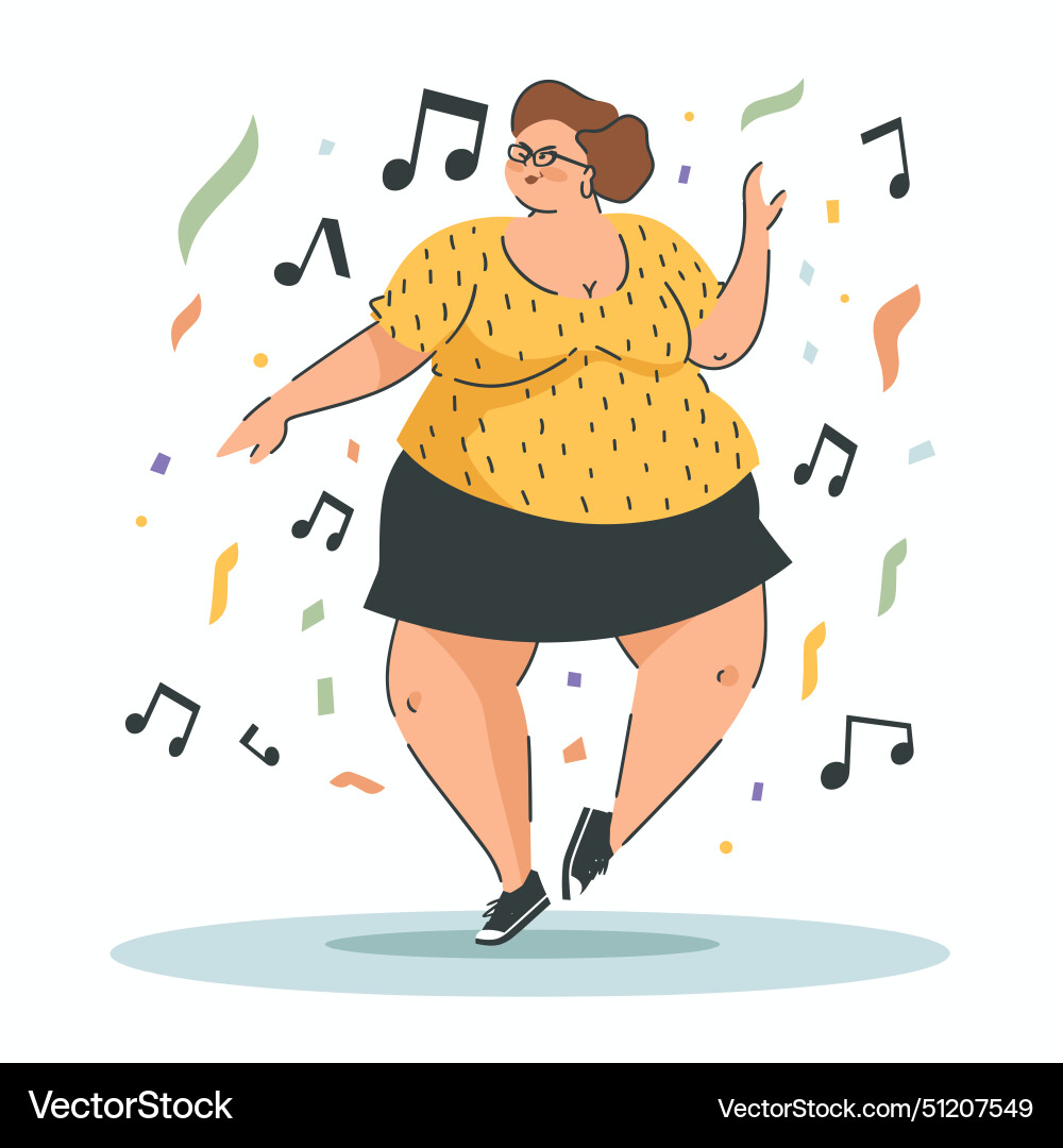 Fullfigured woman dancing joyfully surrounded Vector Image