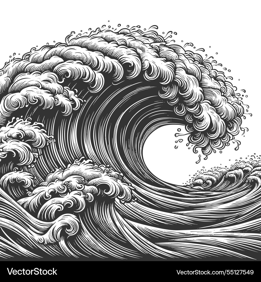 Powerful ocean wave engraving Royalty Free Vector Image