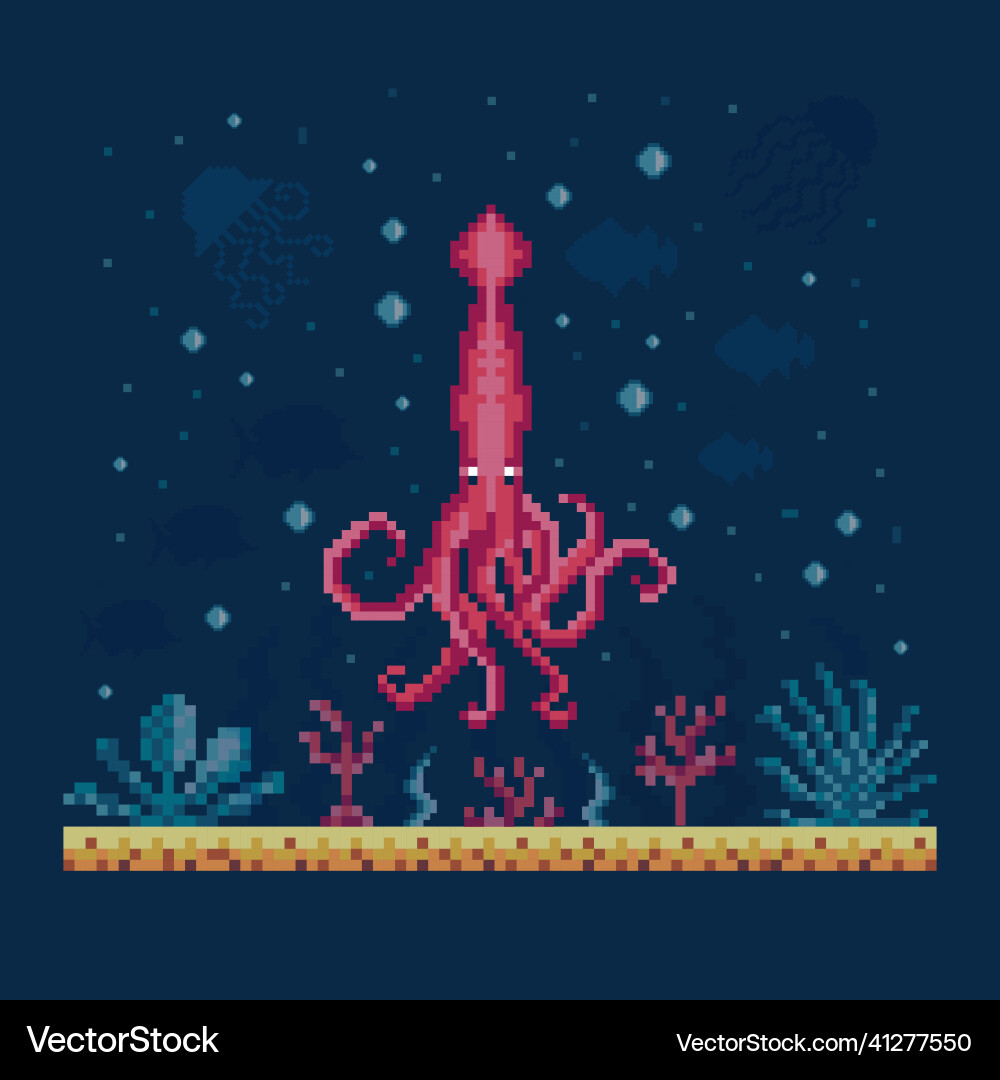 Pixel art squid on seabed landscape Royalty Free Vector