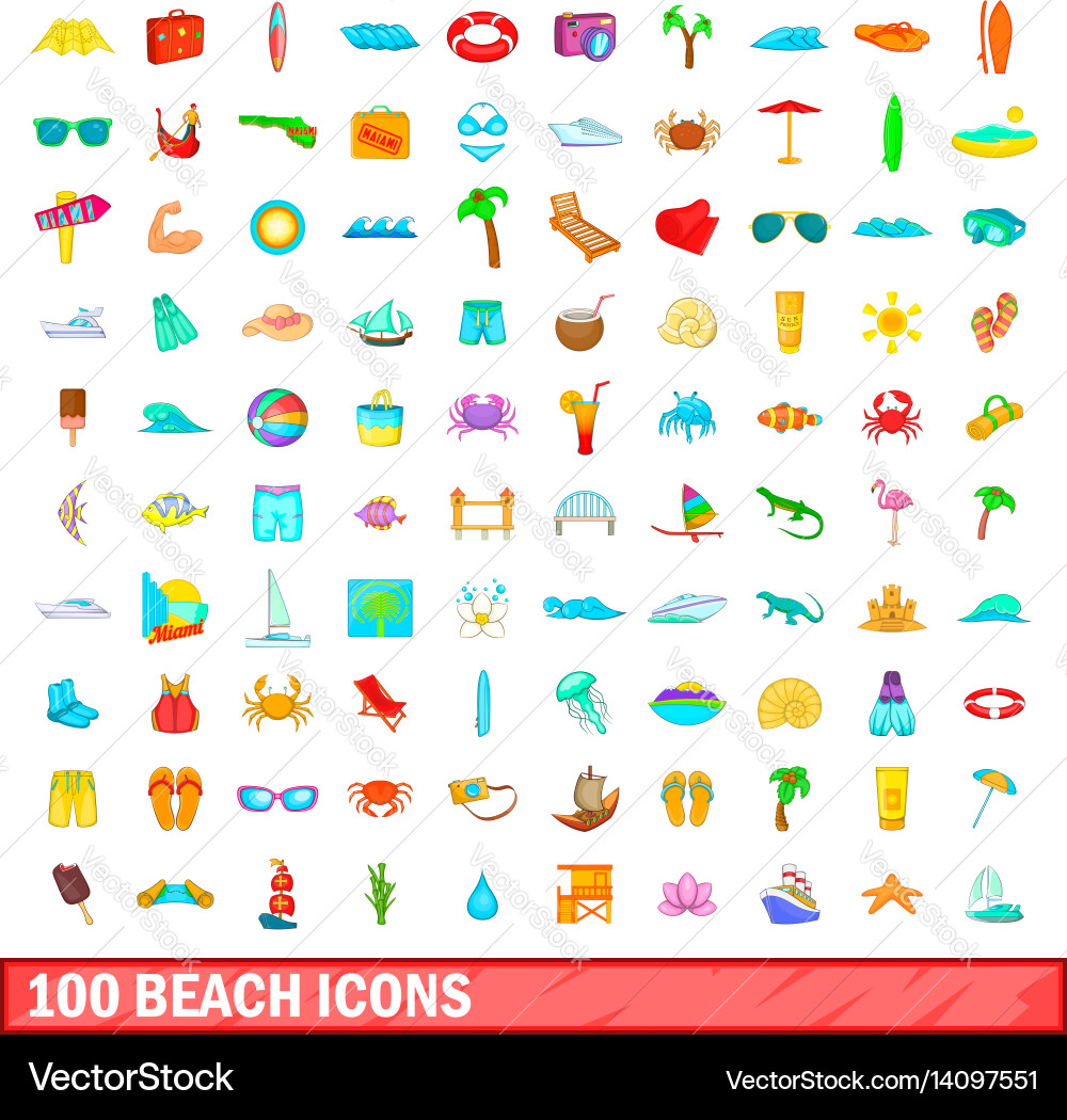 100 beach icons set cartoon style Royalty Free Vector Image