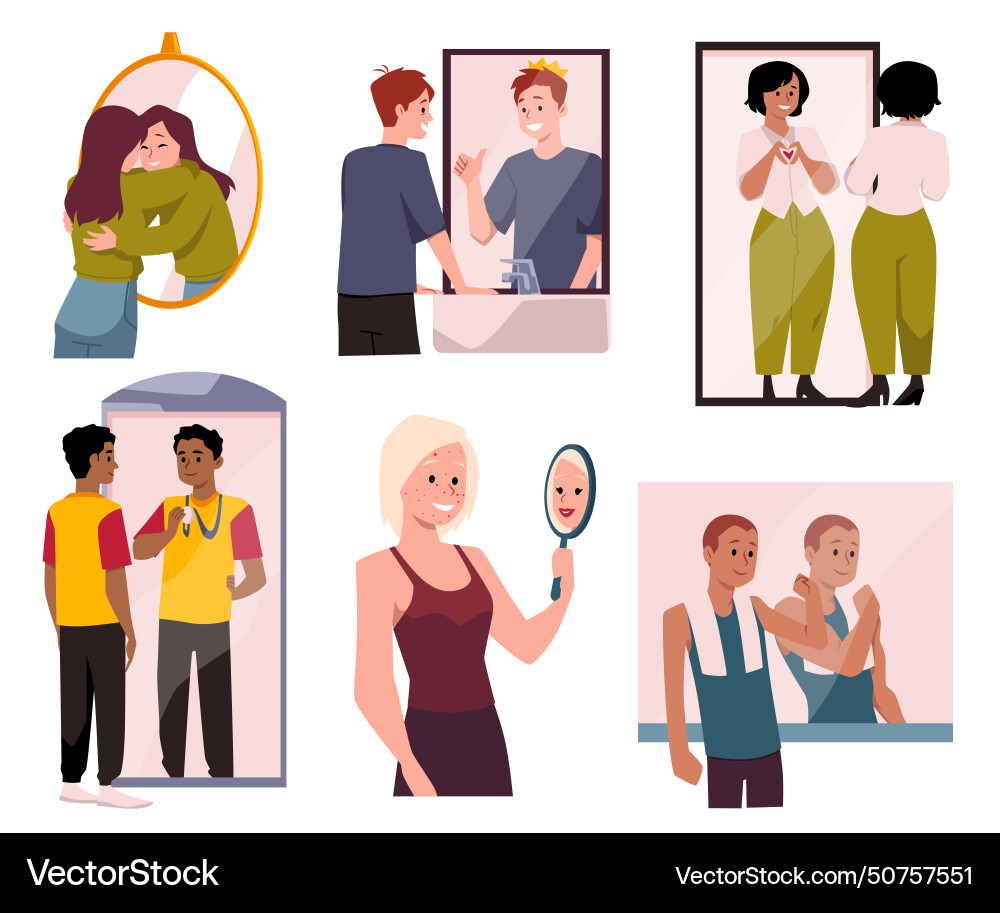 Happy people look at their reflection Royalty Free Vector