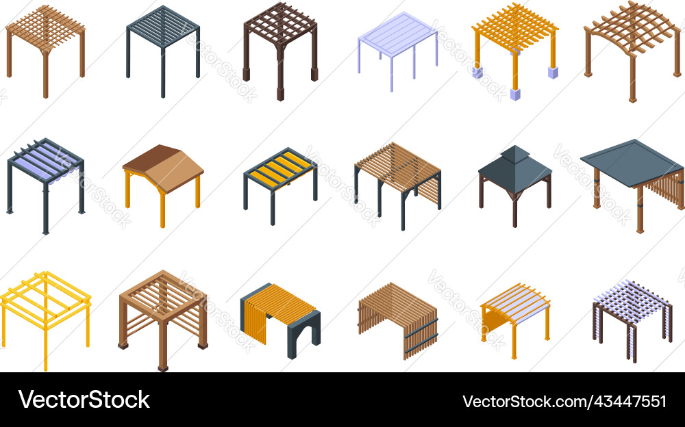 Pergola icons set isometric park gazebo Royalty Free Vector