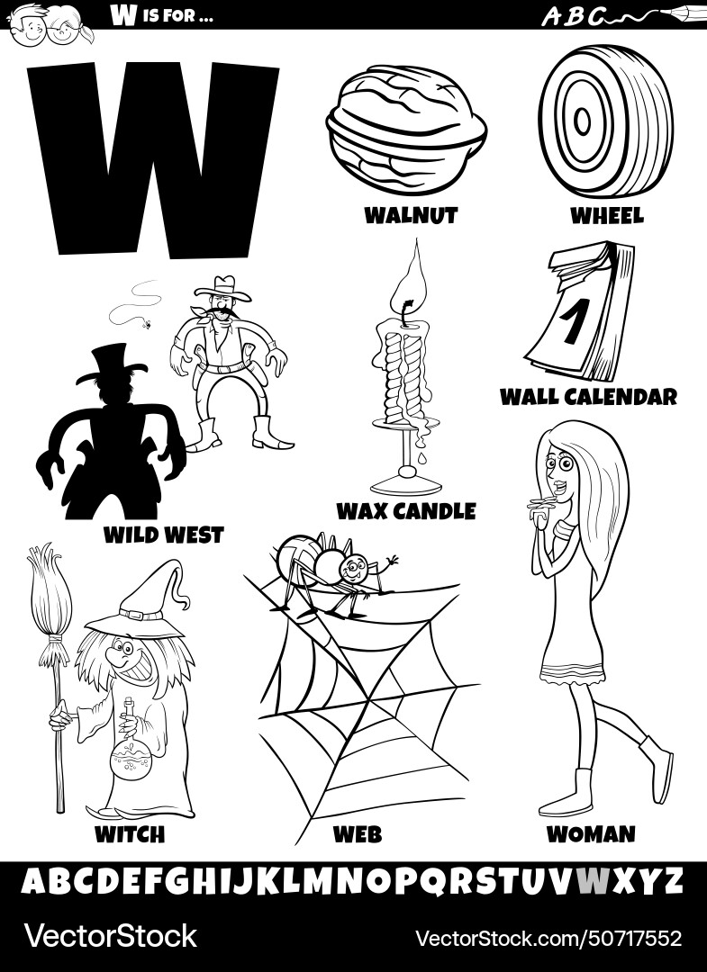 Letter w set with cartoon objects and characters Vector Image