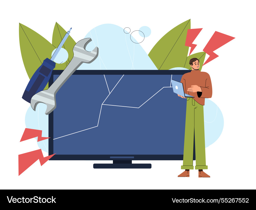 Man repair tv young guy broken television Vector Image