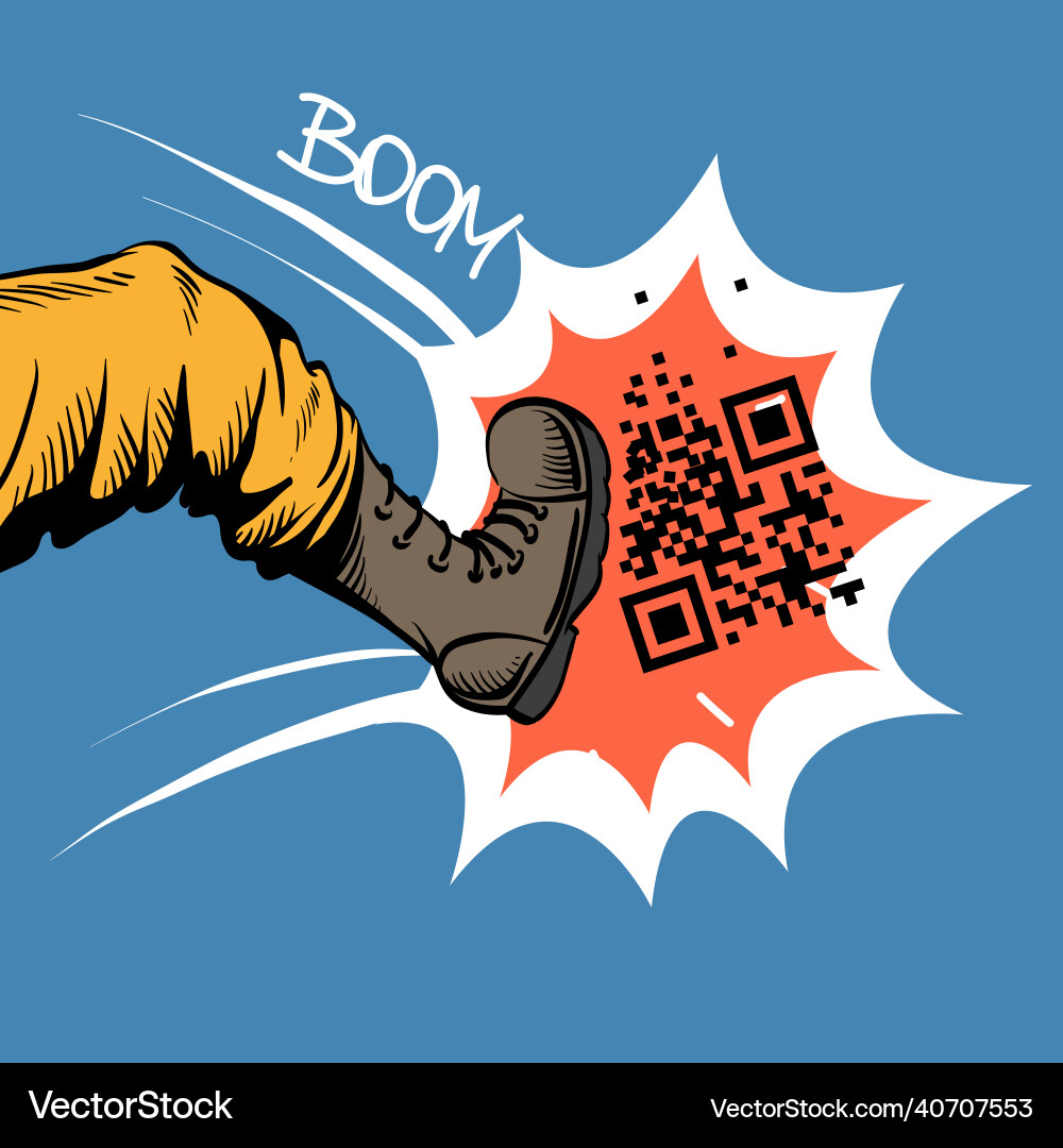 Man kicking qr code comic book pop art Royalty Free Vector