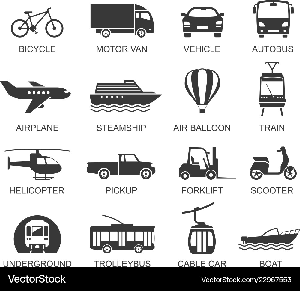 Transport line art icon set with names Royalty Free Vector