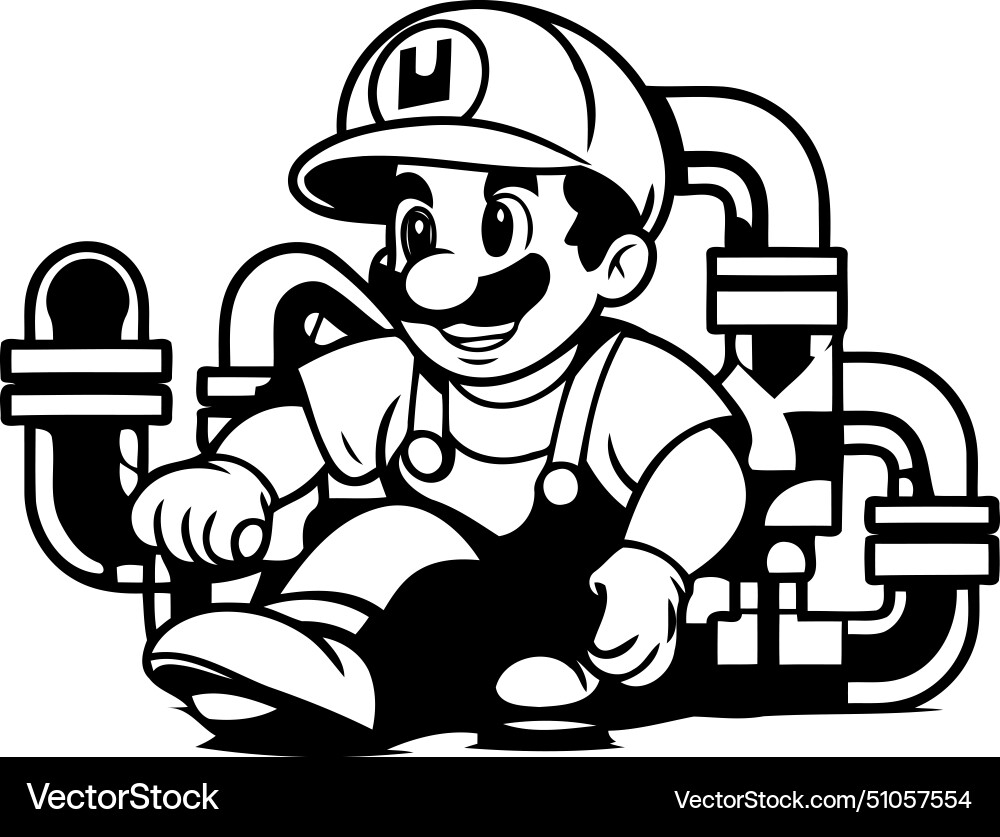 Plumber cartoon character with pipes on white Vector Image
