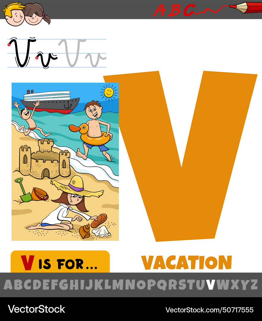 Letter v from alphabet with cartoon of vacation Vector Image