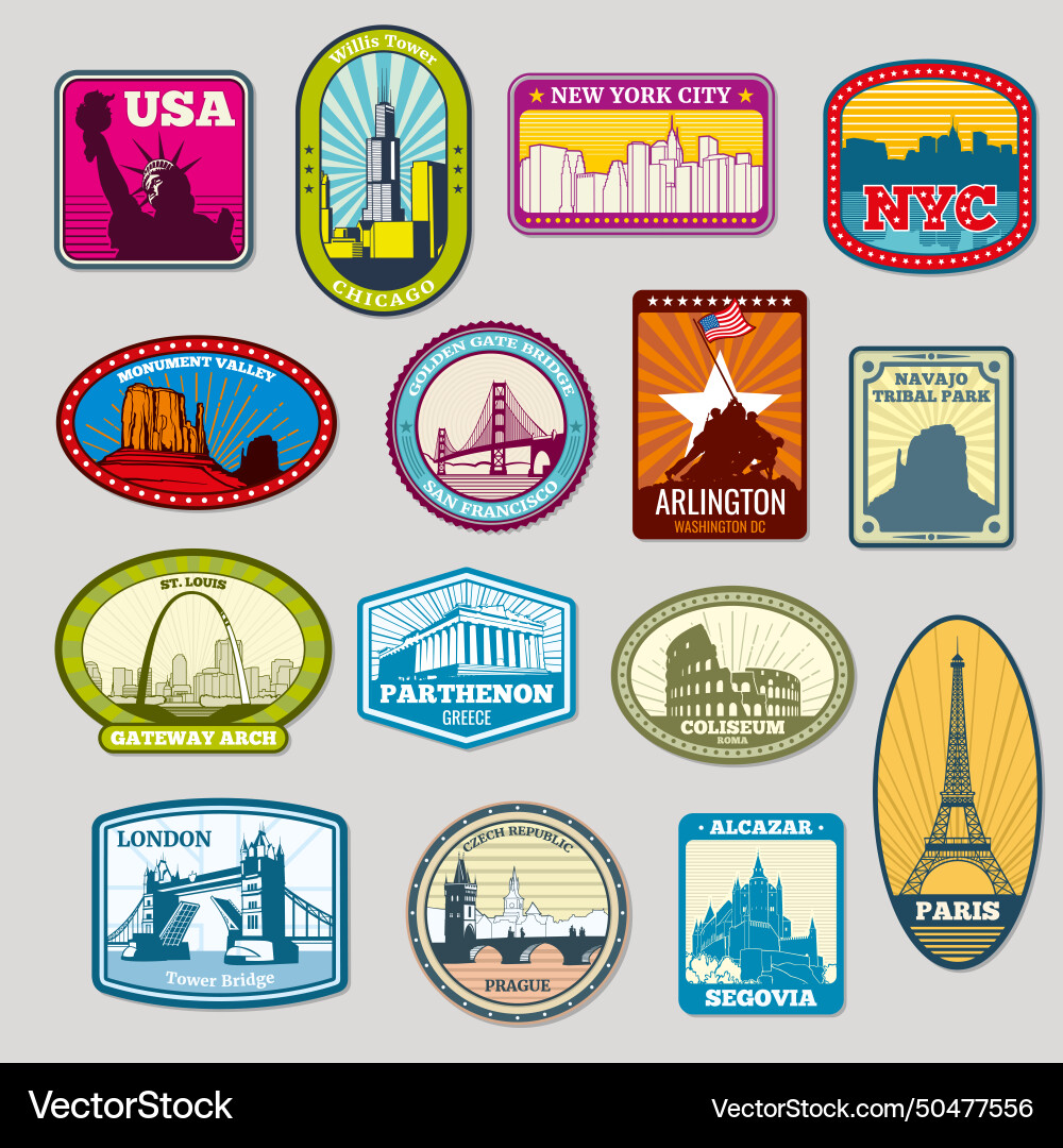 World famous monuments and landmarks labels Vector Image