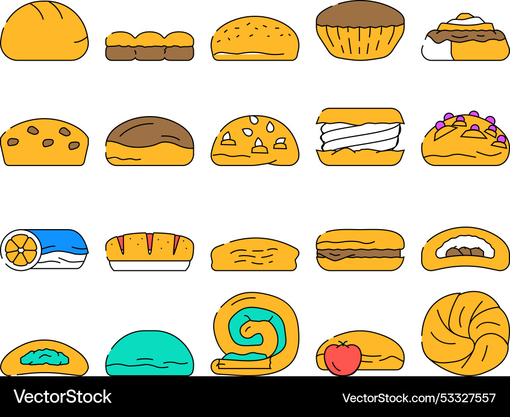 Bun bread burger hamburger icons set Royalty Free Vector