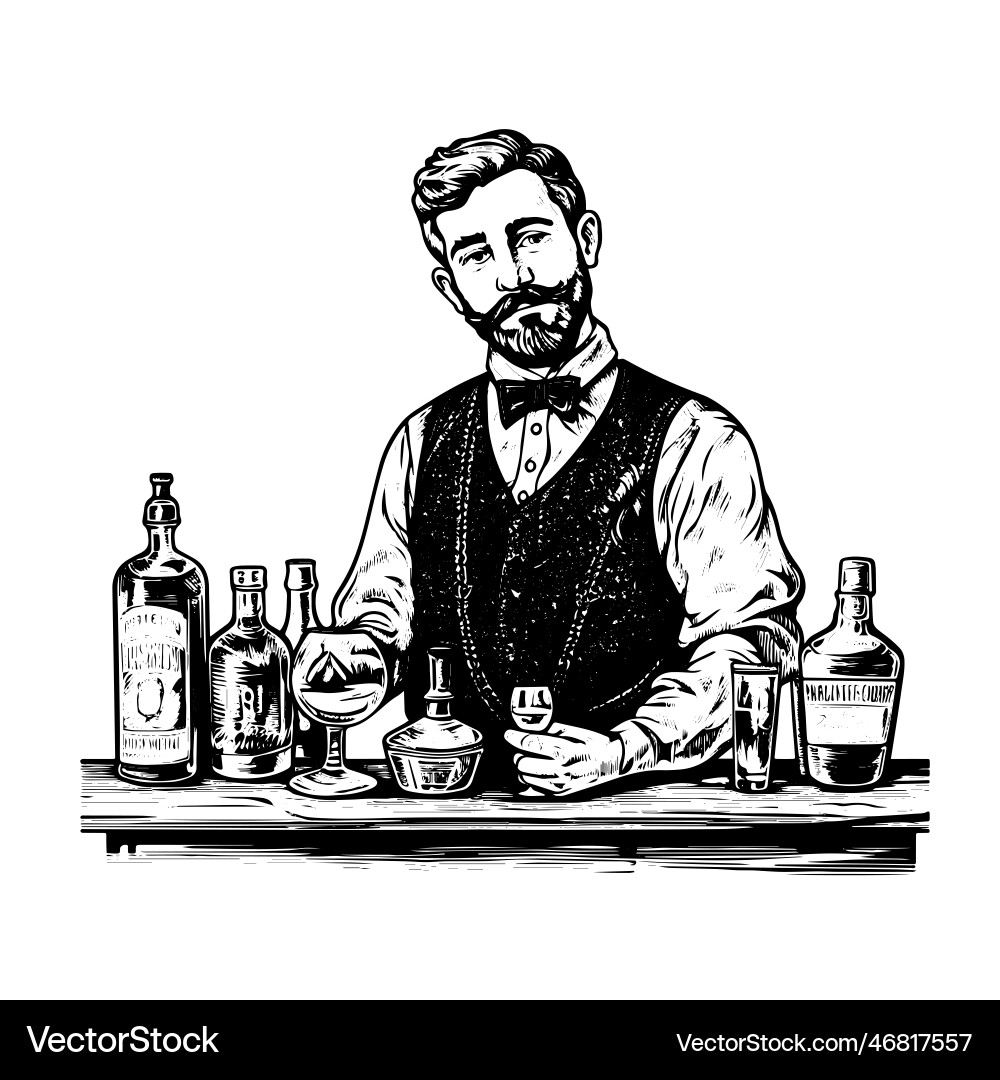 Hand drawn of bartender in engraved style Vector Image