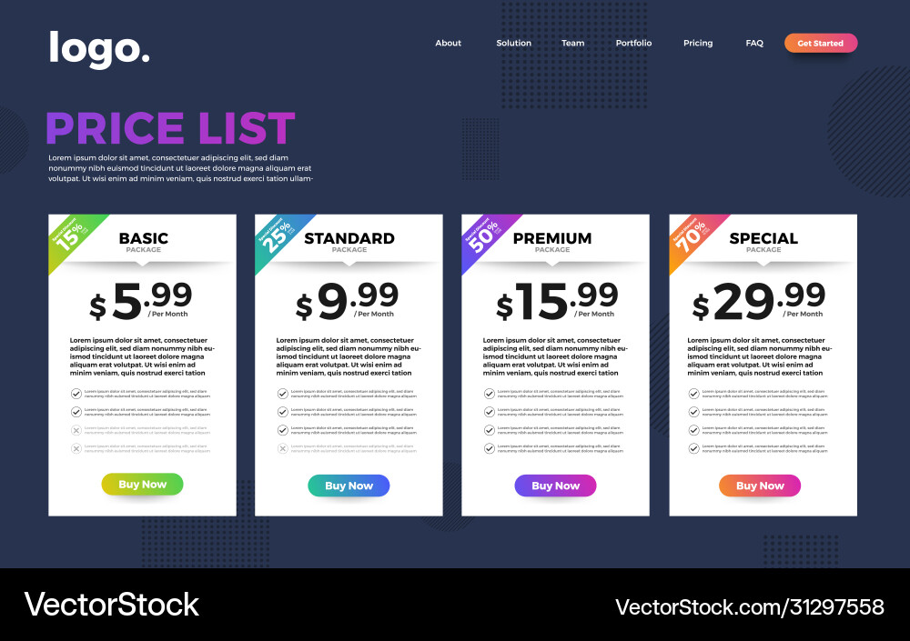 Price List UI Template - UX/UI Royalty Free Vector Image
