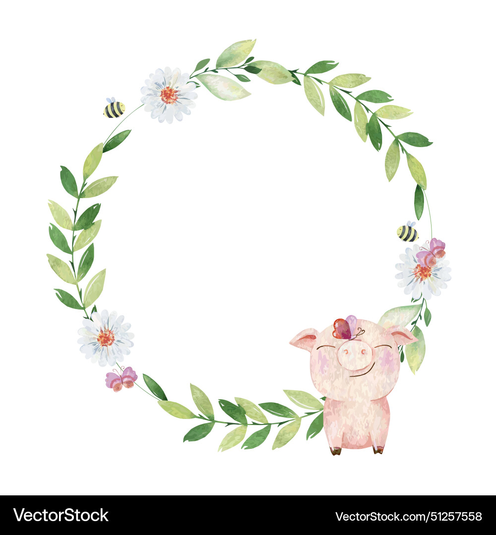 Watercolor frame with cute pig Royalty Free Vector Image