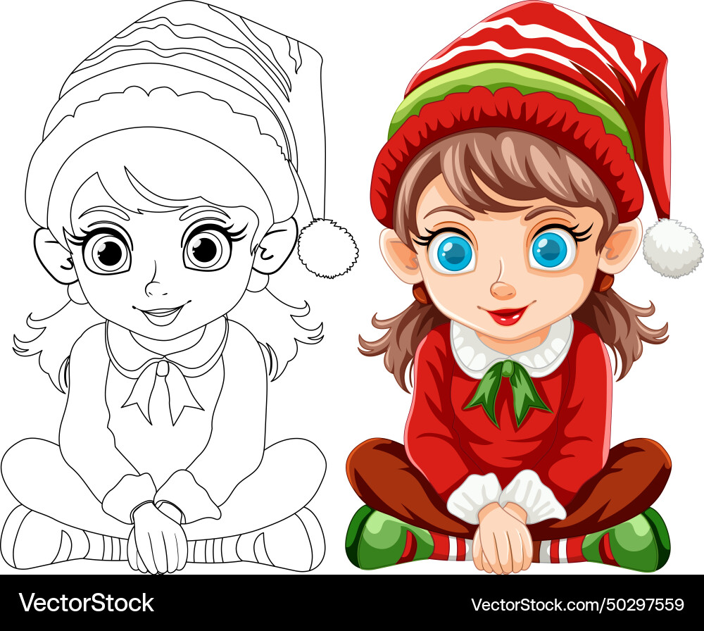 Black and white colored christmas elf drawings Vector Image