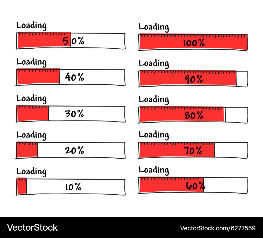 Set of progress loading bars from 0 to 100 percent