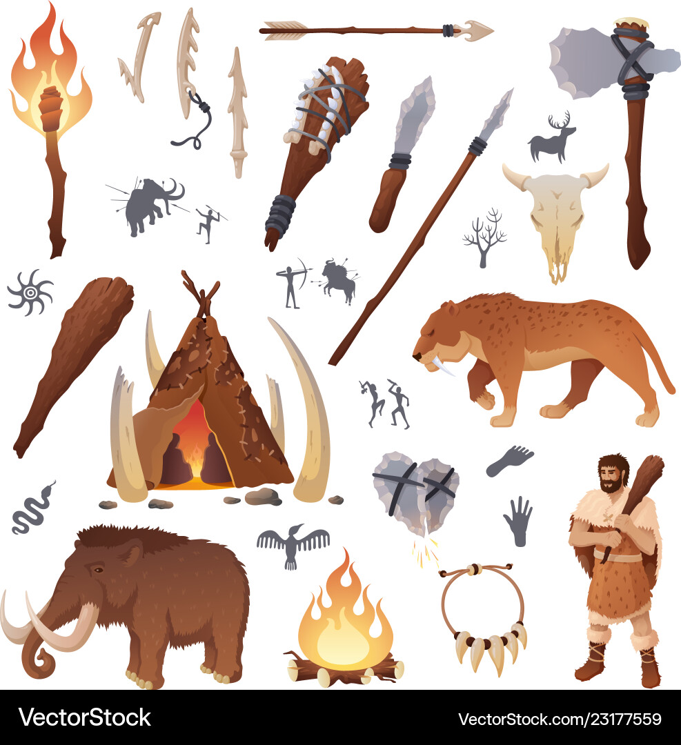 Stone Age People and Tools Royalty Free Vector Image