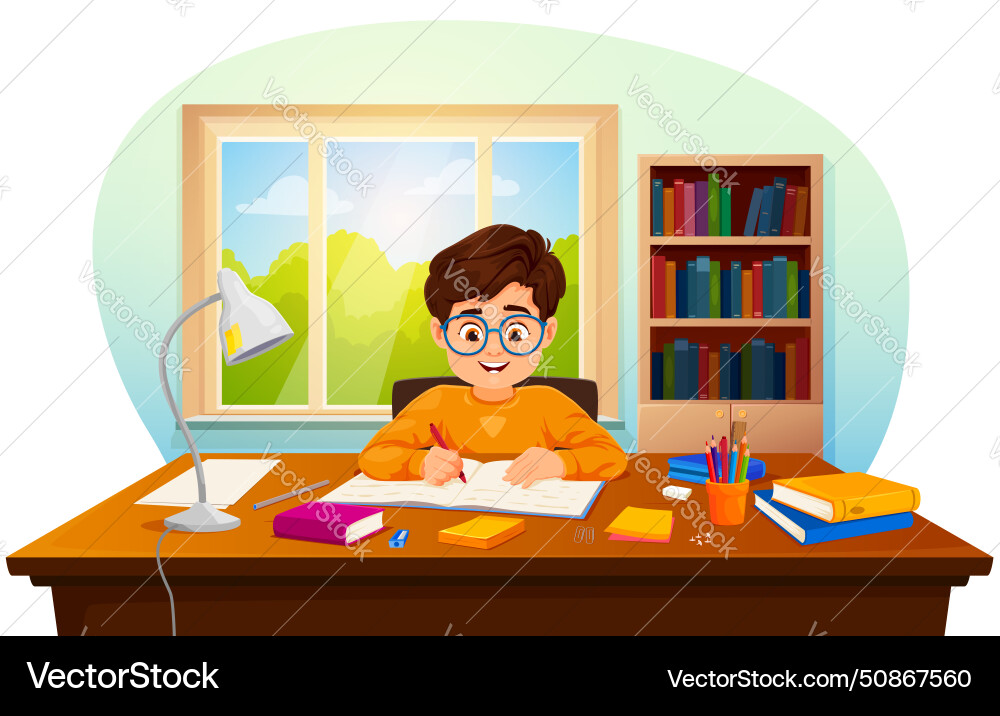Cartoon boy kid makes homework funny pupil study Vector Image