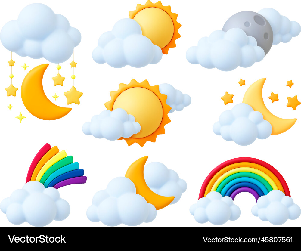 3D Weather Elements: Sun, Moon, Stars Royalty Free Vector