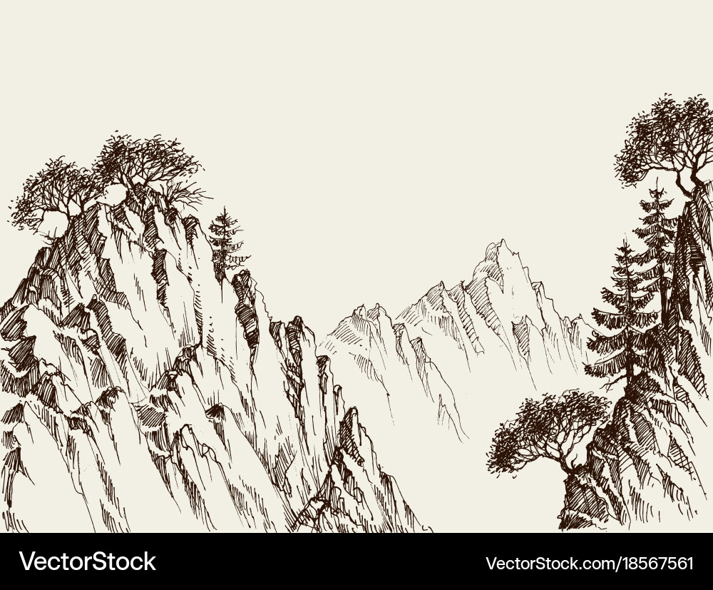 Mountain cliffs hand drawing Royalty Free Vector Image