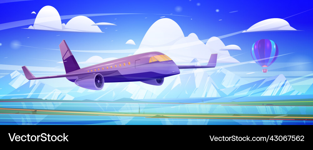 Plane fly in blue sky with clouds Royalty Free Vector Image