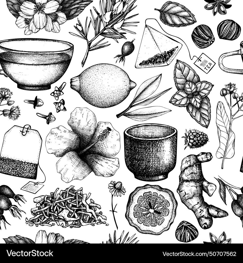 Tea seamless pattern herbal ingredient Royalty Free Vector