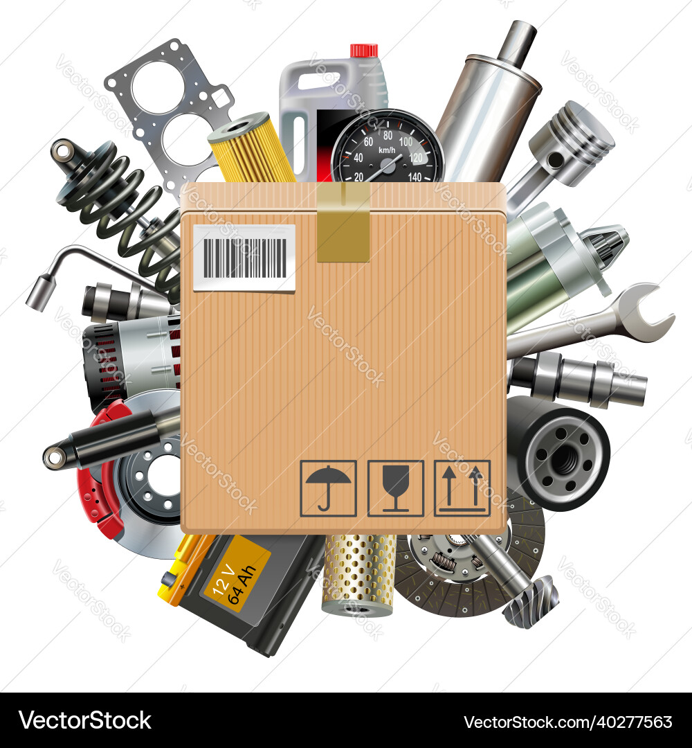 Carton box with car parts Royalty Free Vector Image