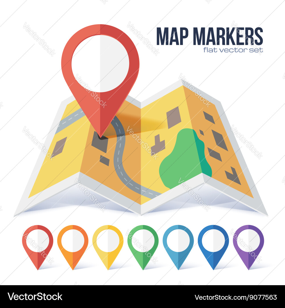Red point marker on yellow city map in flat Vector Image