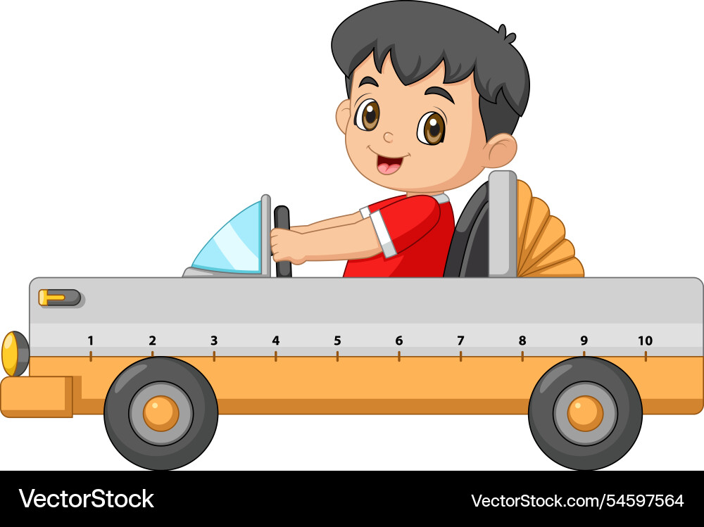 Cartoon boy riding a ruler car Royalty Free Vector Image