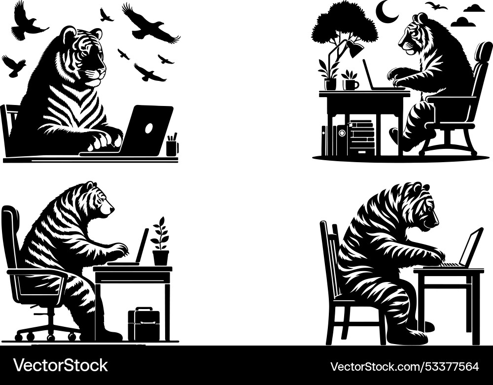 Tiger bear sits at a desk using laptop computer Vector Image