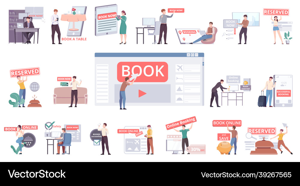 Book now flat set Royalty Free Vector Image - VectorStock