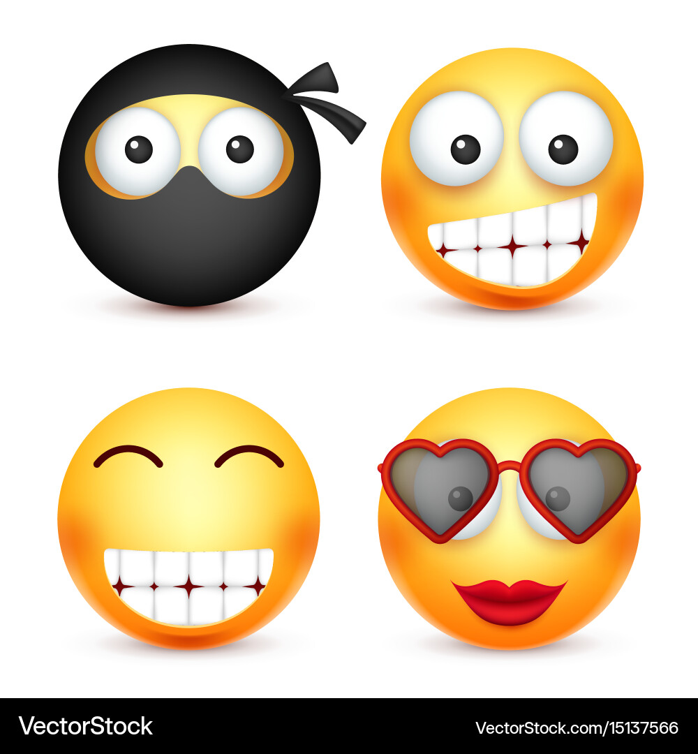 Smiley set ninja happy emoticon yellow face Vector Image