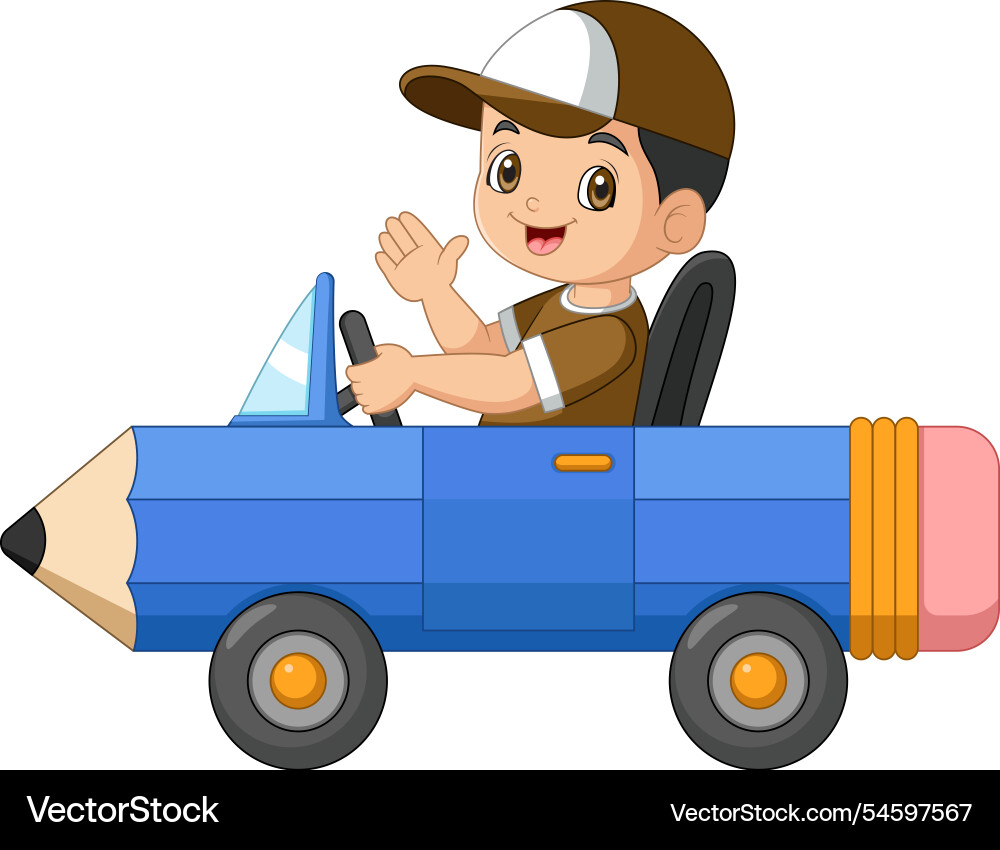 Cartoon boy riding a pencil car Royalty Free Vector Image