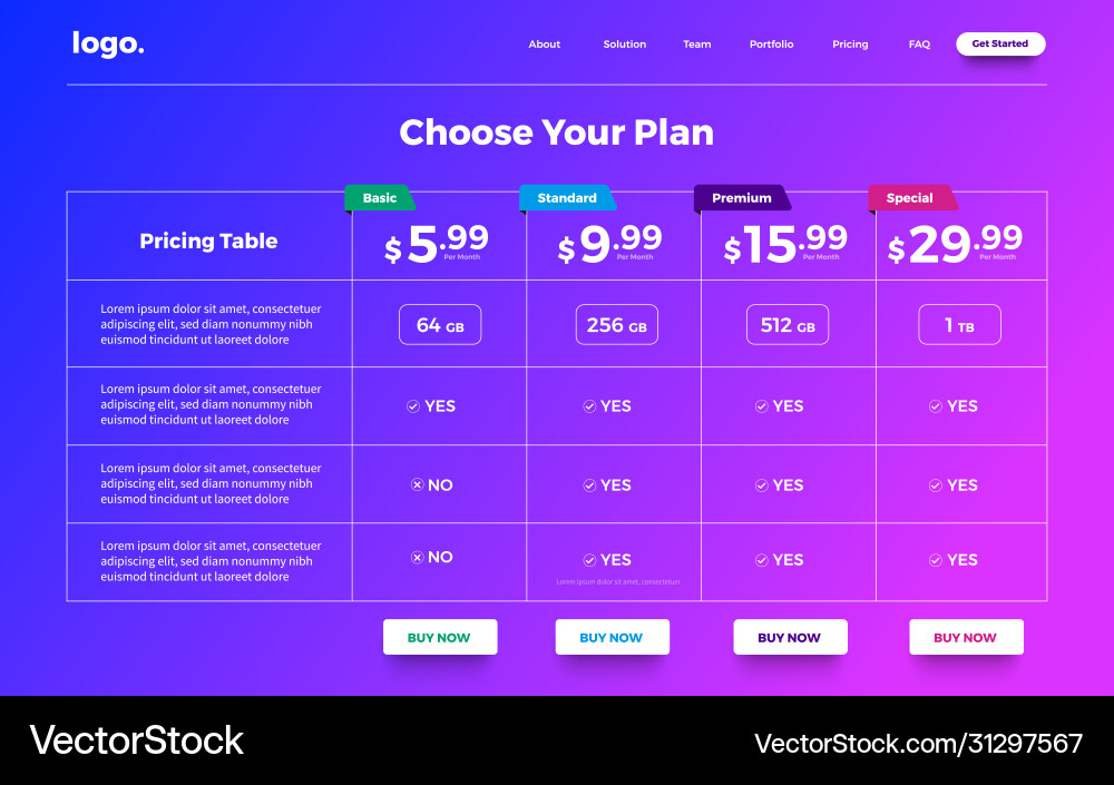 Price List UI Template - UX/UI Royalty Free Vector Image