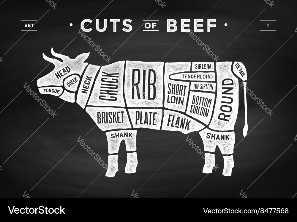 Beef Cut Chart - Butcher Diagram Royalty Free Vector Image