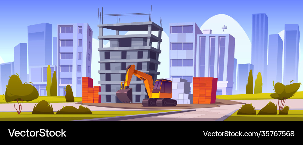Construction site unfinished house and excavator Vector Image