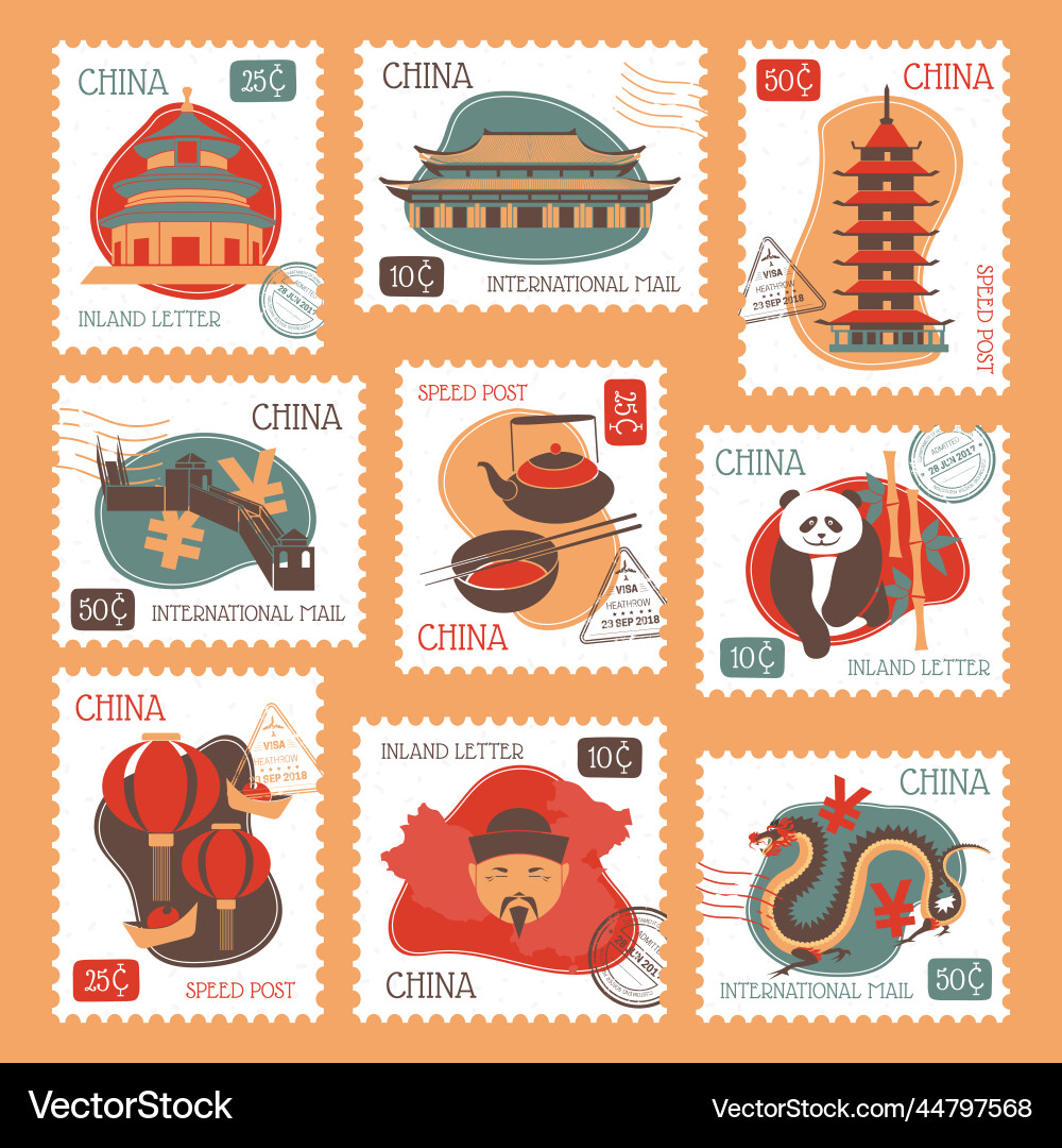 Postage stamp set with traditional china element Vector Image