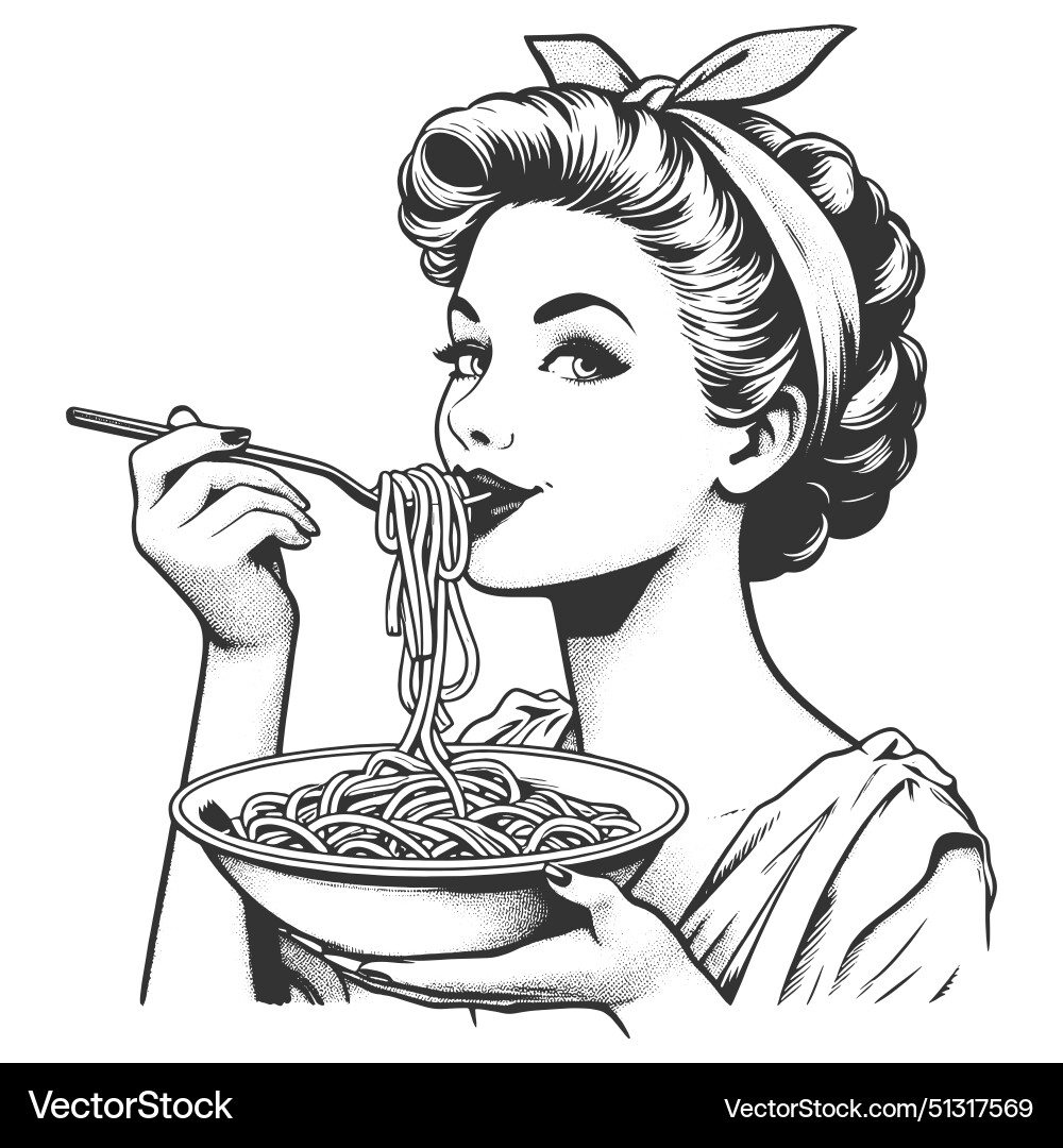 Lady eats spaghetti engraving Royalty Free Vector Image