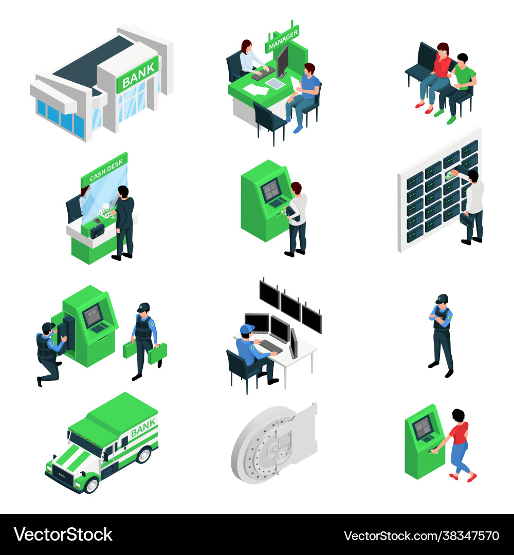 Bank branch isometric set Royalty Free Vector Image