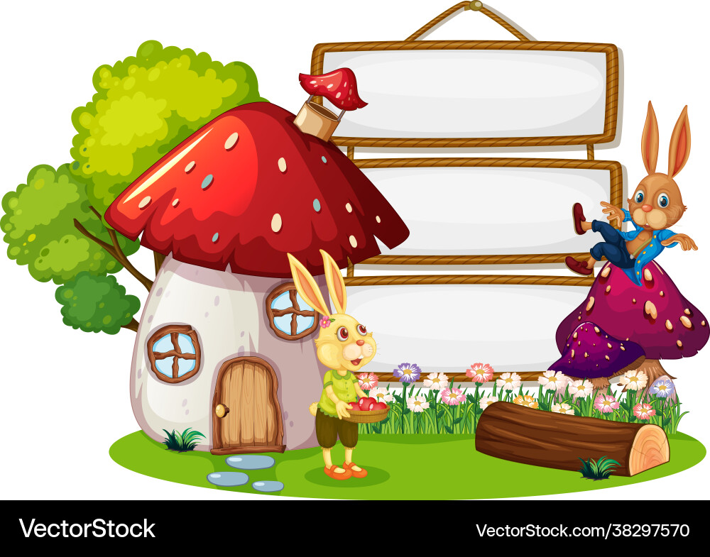Blank banner in garden with two rabbits Royalty Free Vector