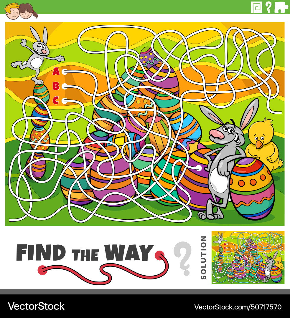 Maze game with cartoon easter bunnies and chick Vector Image