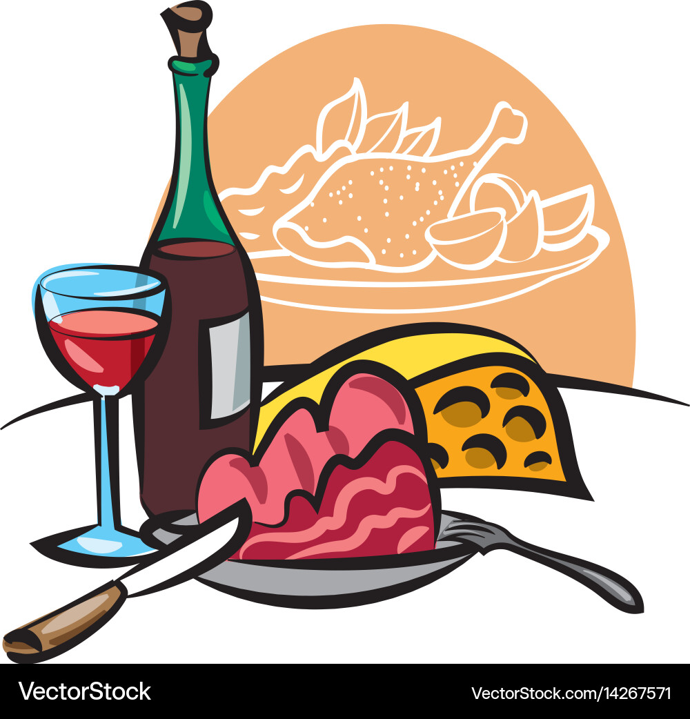 Dinner with Wine and Chicken Royalty Free Vector Image