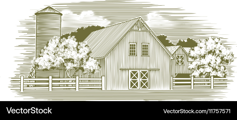 Rustic Woodcut Barn Scene Royalty Free Vector Image